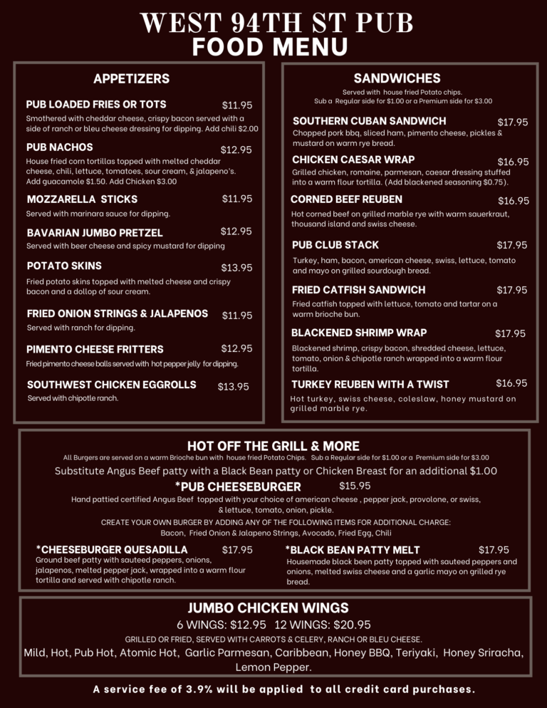 Menu – West 94th St Pub