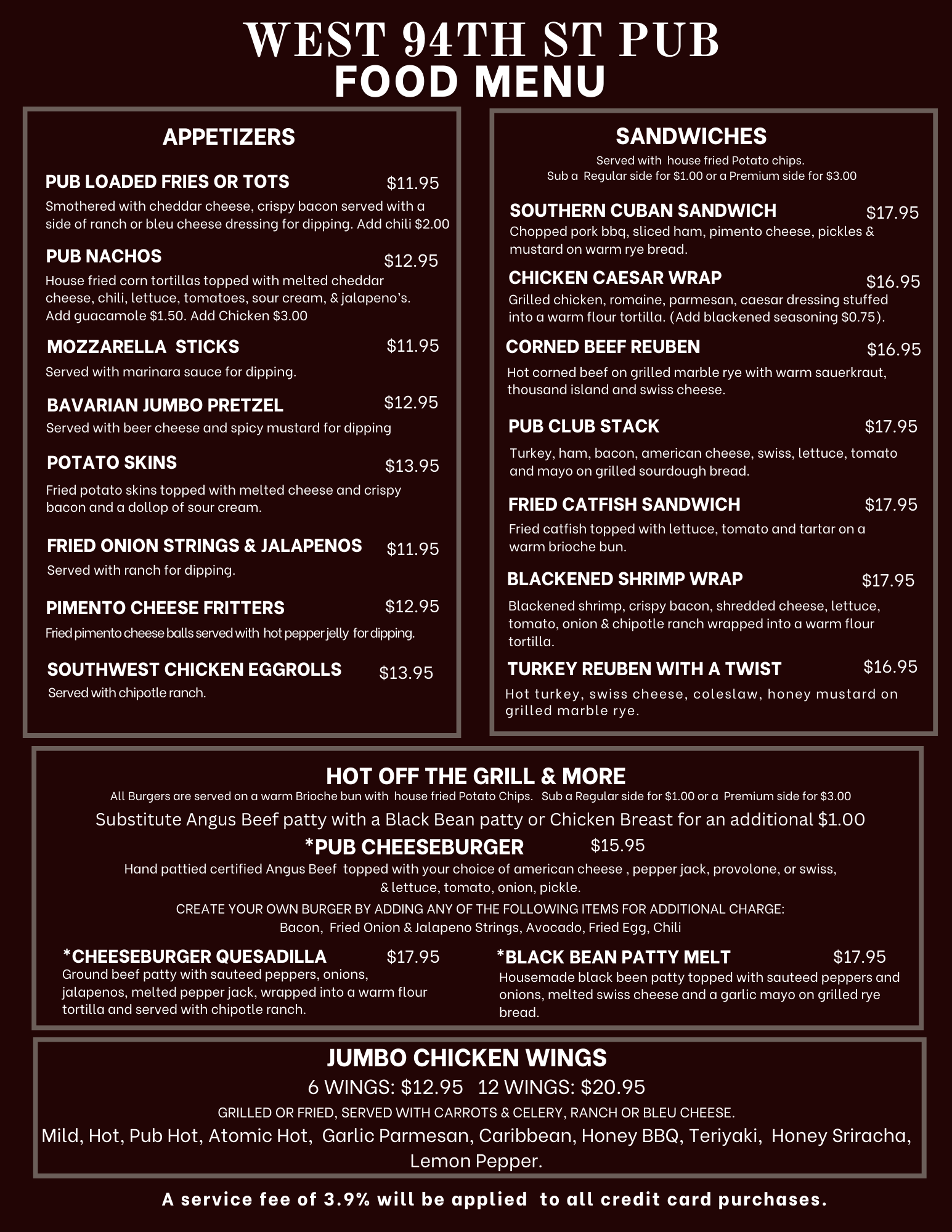 Menu – West 94th St Pub