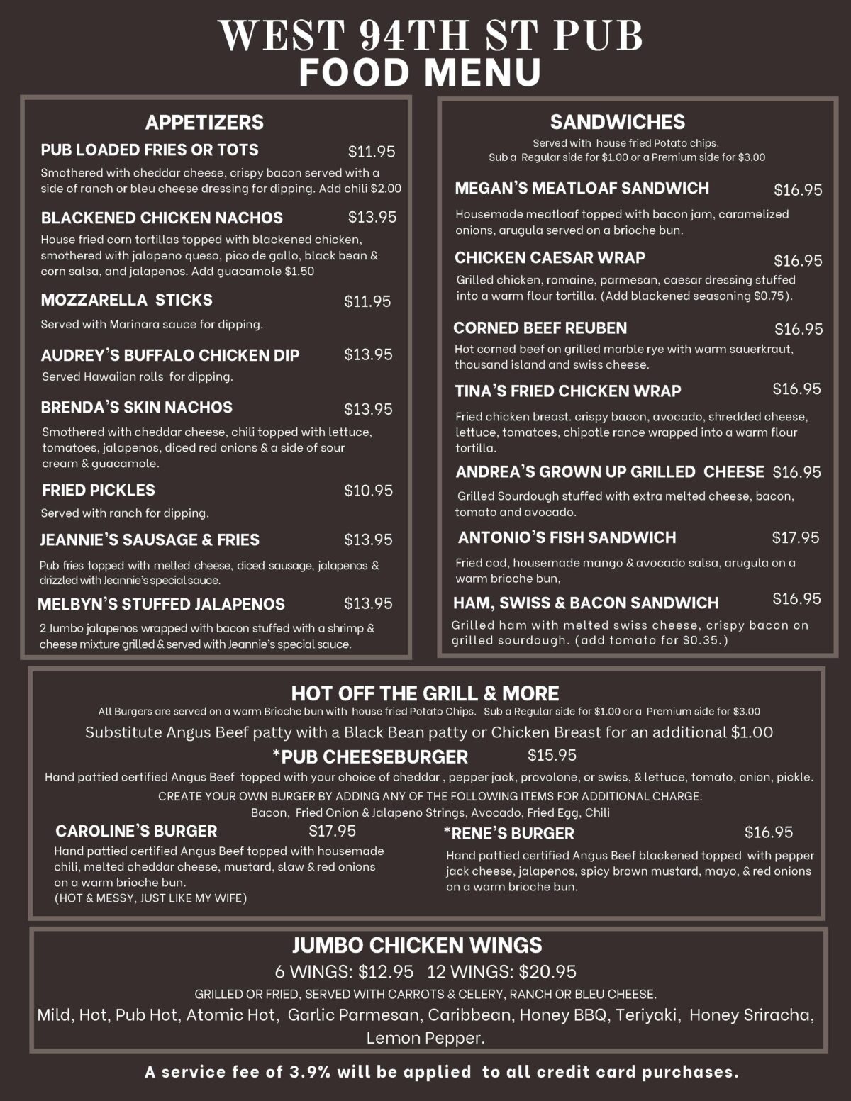 Menu – West 94th St Pub